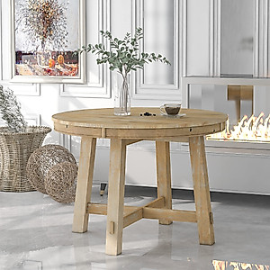 Voohek Round Extendable Dining Table, with 16" Traditional Rustic Drop Leaf, for Farmhouse Kitchen Room Decor, Natural Wood