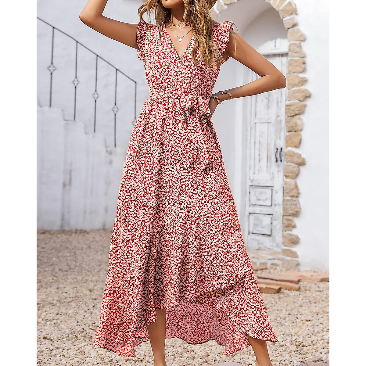 BTFBM Summer Floral Maxi Dress for Women 2025 Vacation Ruffle Sleeve V Neck Belt Wrap Spring Beach Wedding Guest Dresses(Floral Print Red, X-Large)