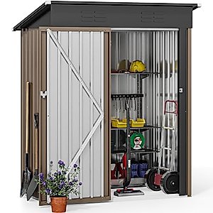 DWVO Metal Outdoor Storage Shed 5x3ft, Lockable Tool Sheds Storage with Air Vent for Garden, Patio, Lawn to Store Garbage Can, Lawnmower, Brown
