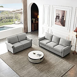 KoiHome 2+3 Sectional Storage Box, Sleeper Couch Chaise with Nail Decoration, Chesterfield Sofa, Upholstered Loveseat, Wood Leg, Furniture for Living Room,Bedroom,Office, Polyester, Grey