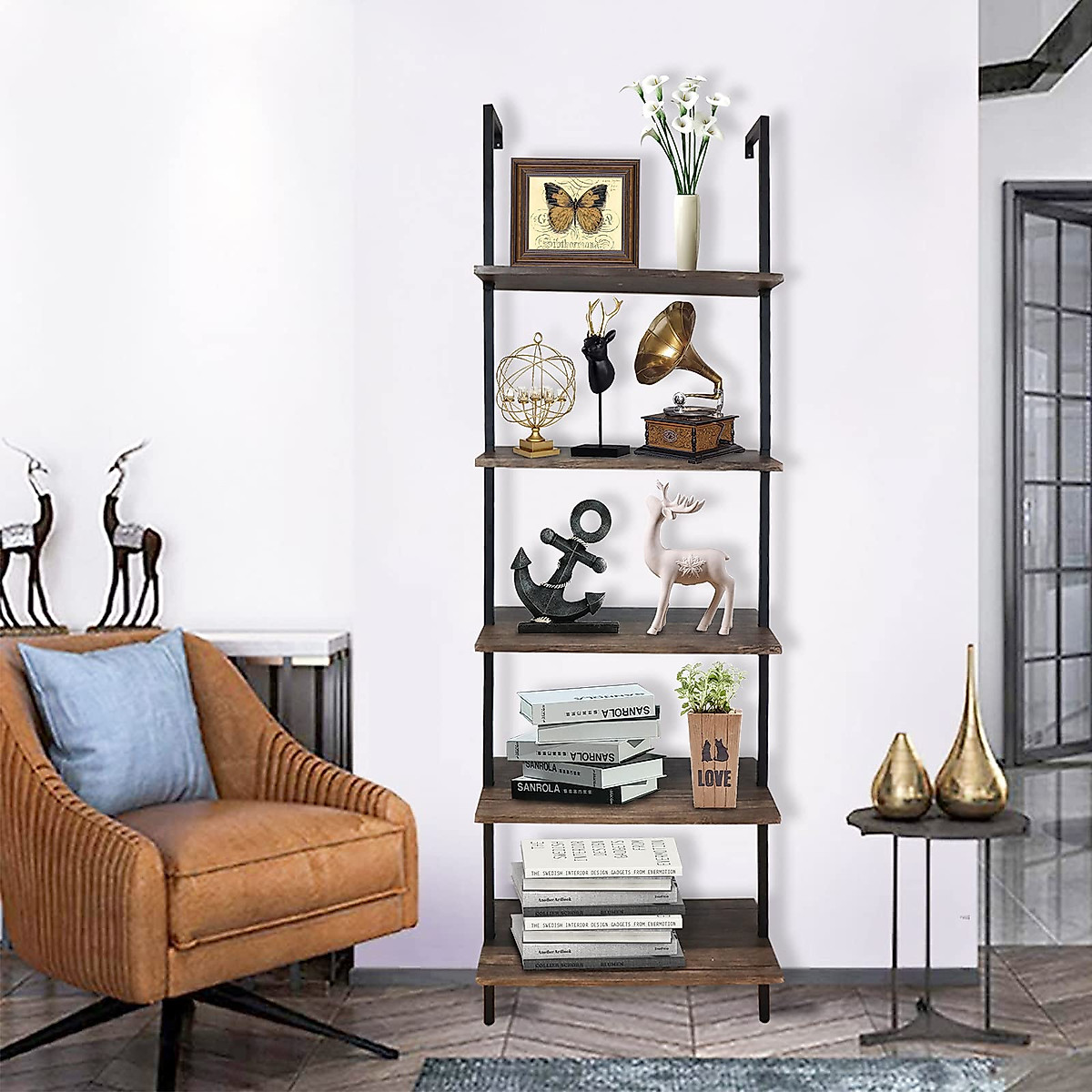 aboxoo Ladder Shelf Open Bookshelf 5-tier Wall-mounted Wood Bookcase Storage Rack Open back Industrial Modern Plant Flower Stand Utility Organizer Bookcase Metal Frame Furniture Office Kitchen Bedroom