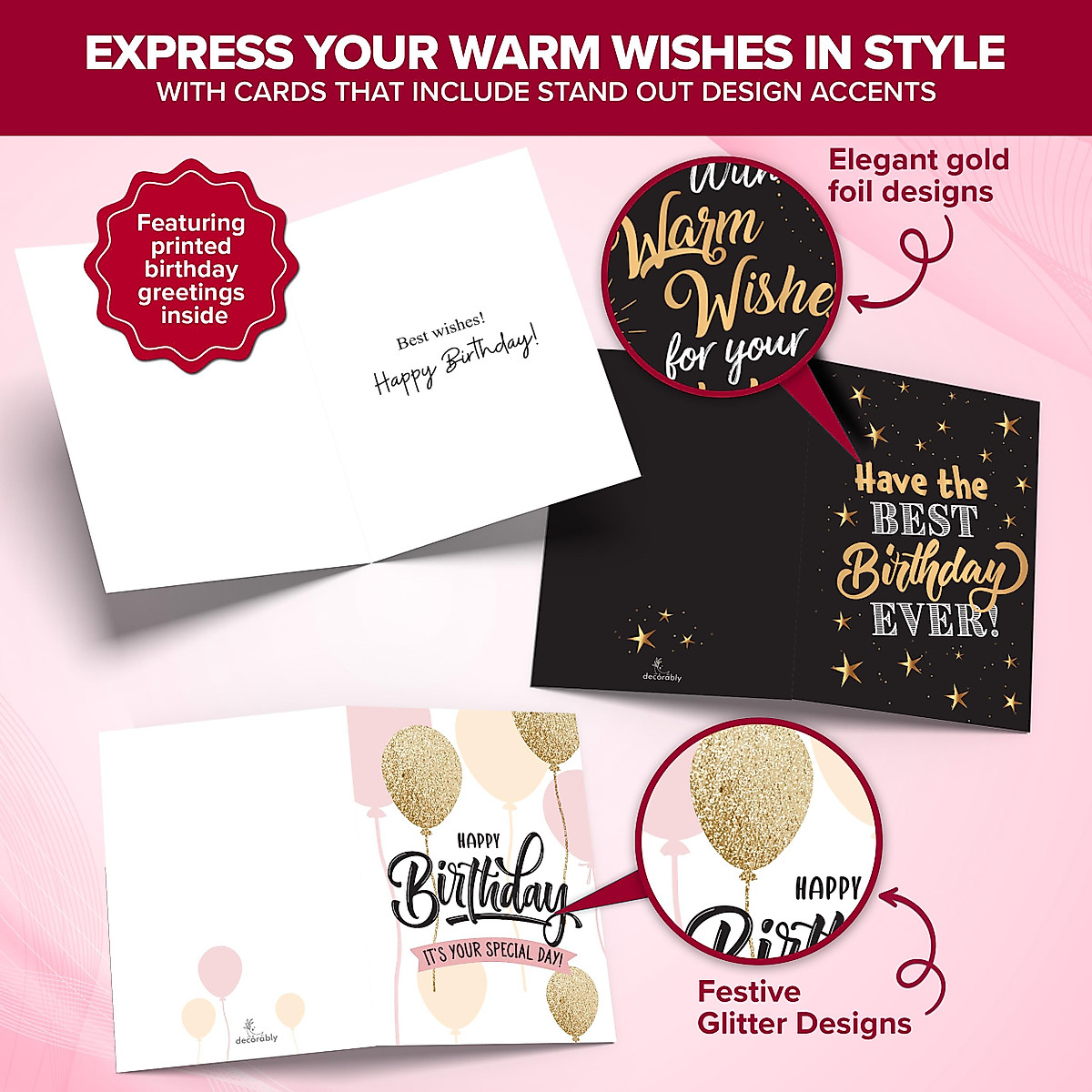 Decorably Assorted Cards with Envelopes & Stickers - 24 Pack Foiled and Glittery Box of Birthday Cards with Envelopes, Printed Message Inside Boxed Birthday Cards Assortment, 6x4 Birthday Card Pack