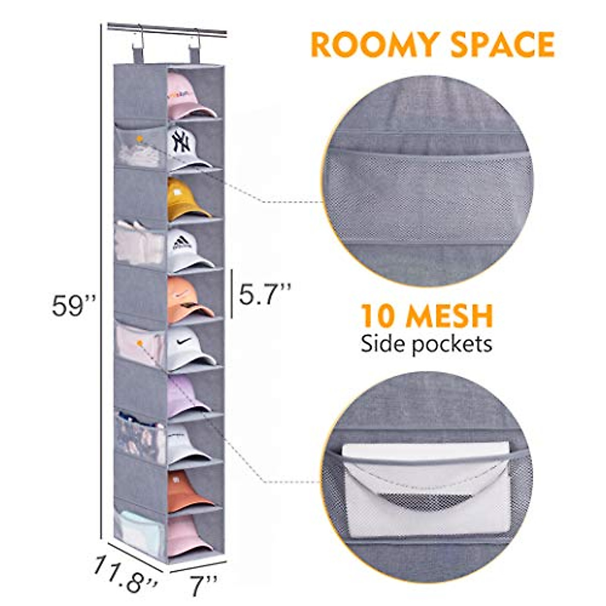 MISSLO 10-Shelf Hanging Shoe Organizer for Closet Organizers and Storage Shelves Hat Rack for Closet with 10 Side Mesh Pockets for Shoes, Caps, Scarves, Folded Clothes and Toys, Grey