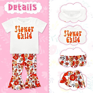 4 Pcs Toddler Baby Girl Short Sleeve T-Shirt Top Floral Flared Bell Bottom Pant Headband Sunglasses Kid Summer Outfit(Small)