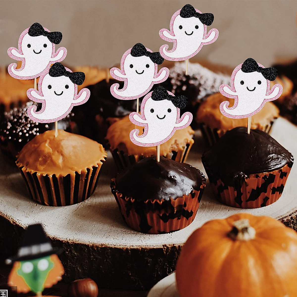 Ghost Cupcake Toppers Pink Glitter, Halloween Ghost Baby Shower Cupcake Toppers Ghost Food Cupcake Picks for Pink Halloween Baby Shower Birthday Party Cake Supplies - 24Pcs