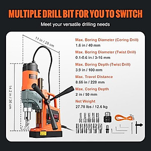 VEVOR Magnetic Drill, 1300W 1.6" Boring Diameter, 2922lbf/13000N 810 RPM Portable Electric Mag Drill Press, Drilling Machine for any Surface Home Improvement Industry Railway