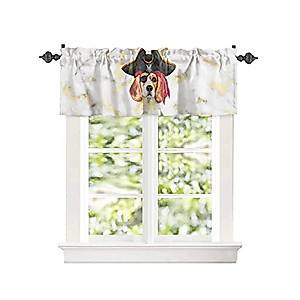 Abstract Geometric Pirate Dog White Gold Marble Valance Curtains for Kitchen Small Windows,Blackout Short Window Treatment Cartoon Animal Rod Pocket Valance for Living Room Bedroom Decor,42"Wx12"L