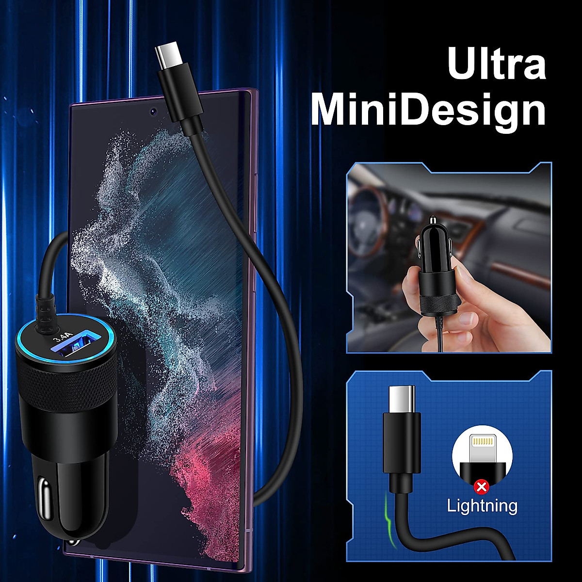 Type C Fast Car Charger for Samsung Galaxy A55/A54/A15/A14/5G/A35/A13/S24/S23 Ultra/S23/S22 Ultra/S22/S21 FE/S20/S10/S9/Plus/A53 5G,3.4A Fast Charging Android Phone Car Charger Adapter 3FT USB C Cable