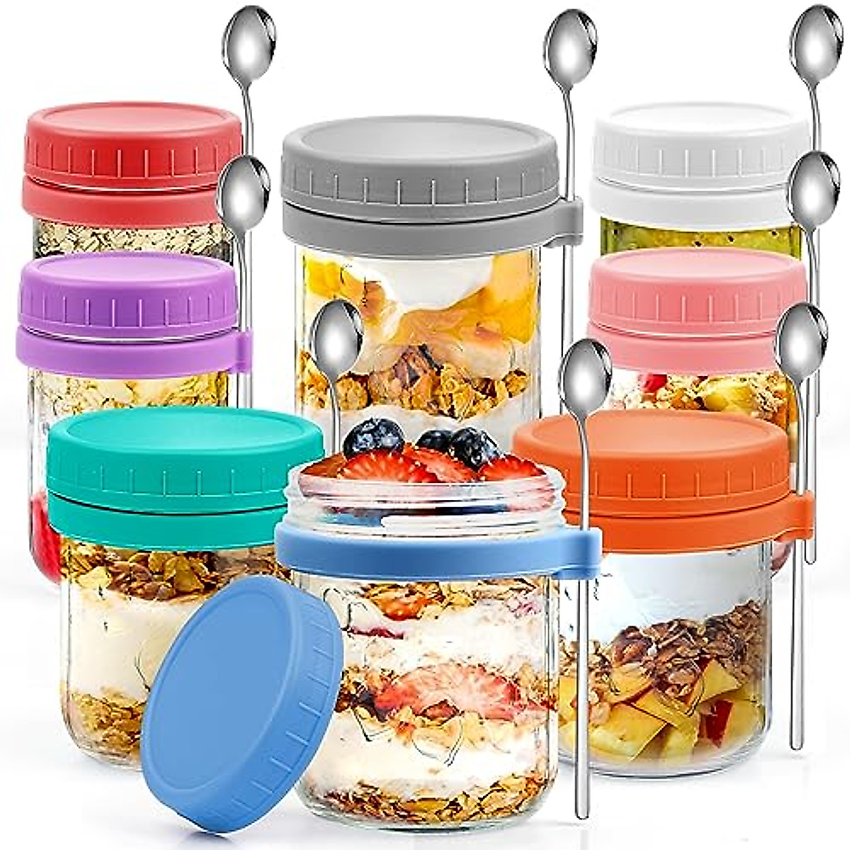 ZIZOTI 8 Packs Glass Overnight Oats Containers with Lids and Spoons,2 Size 16 Oz & 10 Oz Mason Overnight Oat Jars, Airtight Breakfast Meal Prep Glass Container to Go for Chia Yogurt Salad Cereal Fruit