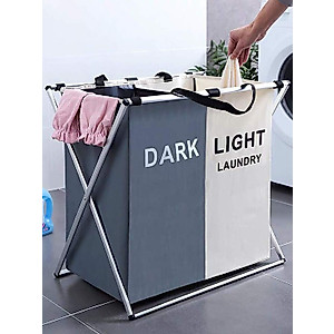 125L Laundry Basket Clothes Hamper Organizer Sorter Storage Foldable 2 Sections Hampers with Aluminum Frame (24x 15x 23 inches) Washing Dirty Cloth Bag for Bathroom Bedroom Garage (white gray)