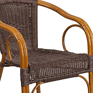 EMMA + OLIVER Dark Brown Rattan Patio Chair with Red Bamboo-Aluminum Frame