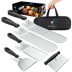 Rivexy 5 Pcs Grill Spatula for Outdoor Grill Premium Quality Metal Spatula for Cast Iron Skillet Durable Flat Top Grill Accessories Great for Outdoor BBQ Teppanyaki and Camping