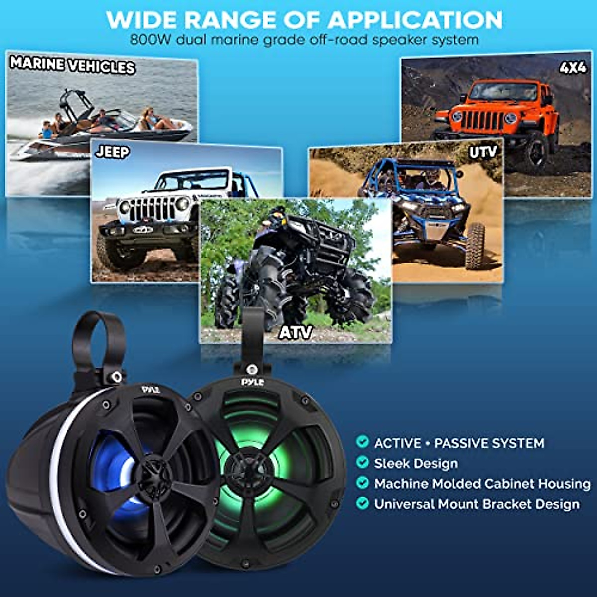 Pyle 2-Way Waterproof Off Road Speakers - 5.25" 1000W Active Passive Marine Grade Wakeboard Tower Speakers System w/ RGB Light, Full Range Outdoor Stereo Speaker for ATV/UTV Jeep Boat - PLUTV55BTR