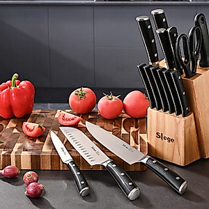 Knife Block Set,Kitchen Knife Set,15 Pieces Chef Stainless Steel Knife Set with Sharpener,High Carbon Sharp Cutlery Knife Set with Grey Marbling Handles