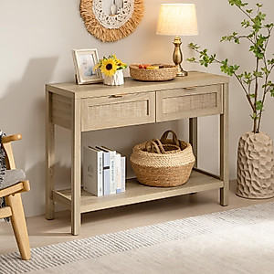 SICOTAS Rattan Console Table for Entryway - Boho Entryway Table with Storage and Drawers, Wood Small Entry Table for Hallway Behind Couch Table Sofa Table, Light Oak