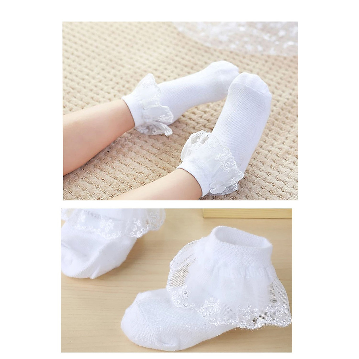 5 Pack of Girls White Lace Ruffle Socks Cotton Baby, M(3-6T)