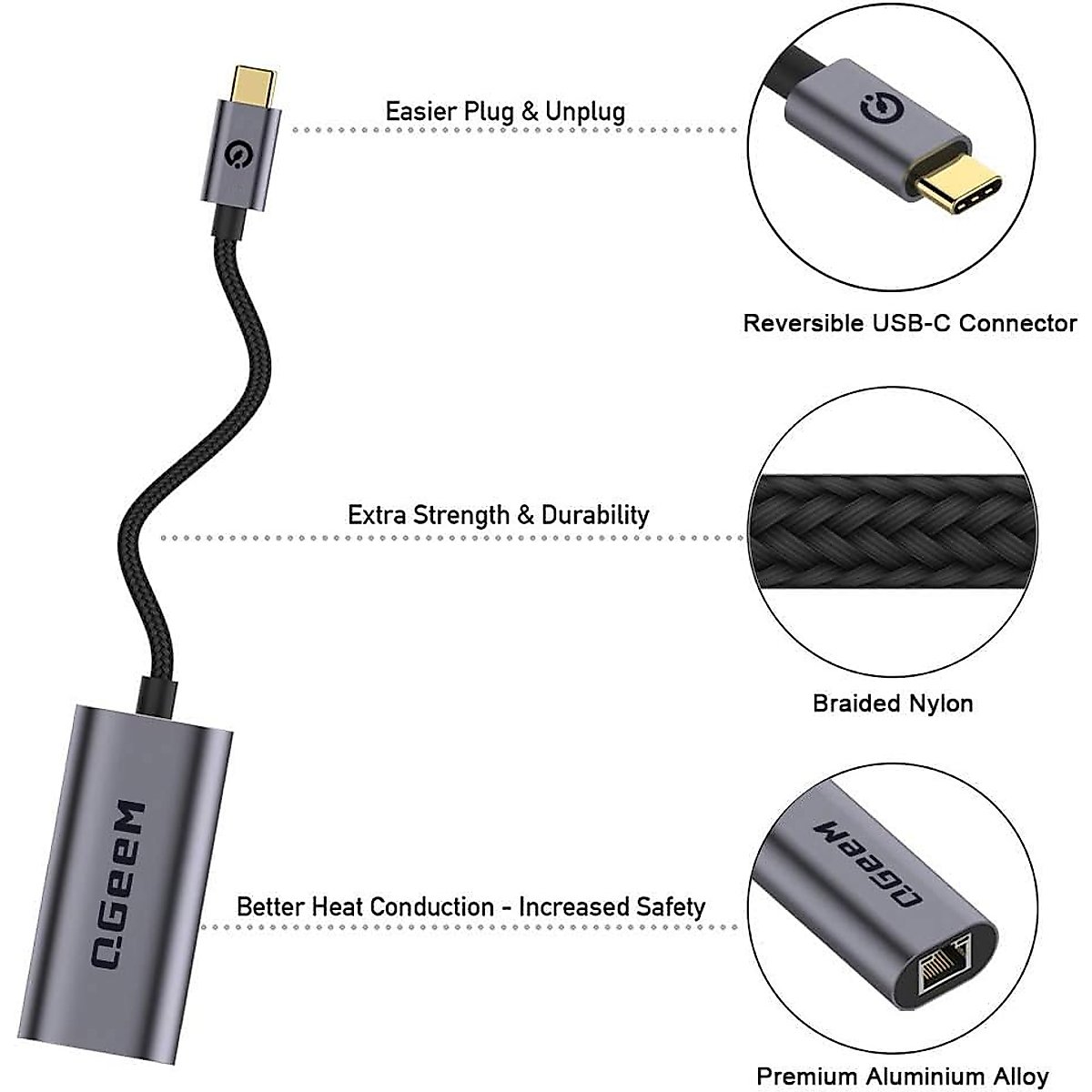USB C to Ethernet Adapter, QGeeM Gigabit Ethernet to USB Type C, Thunderbolt 3/4 to RJ45 LAN Network Adapter Compatible for iPhone 15 Pro/max, MacBook Pro/Air, iPad Pro, Dell XPS etc