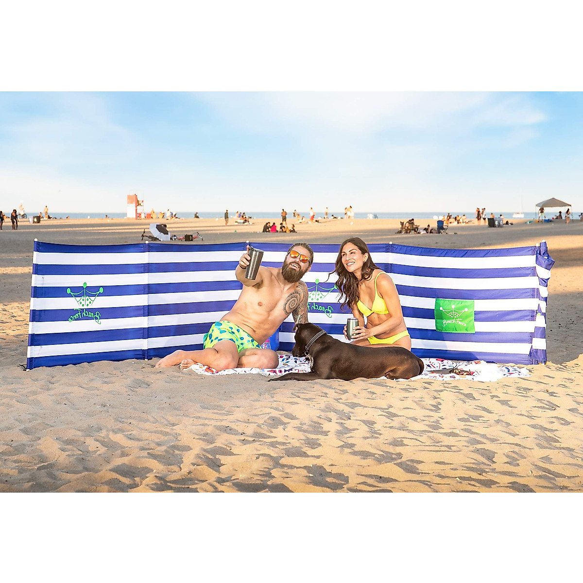 BEACH FENCE Premium 20 ft Beach Windscreen, Privacy Screen, Wind Blocker - Original Nautical, Free Rubber Mallet and Carry Bag Included