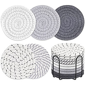 10 Pieces Coasters for Drink Absorbent, Billbotk 5 Colors Drink Coasters with Holder, Woven Coasters Set for Coffee Table, Wooden Table Decor, Home Decor, 4.3 Inches