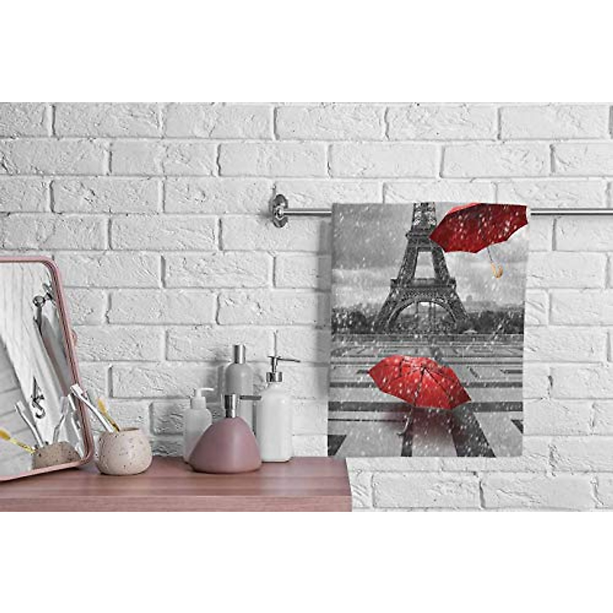 oFloral Eiffel Tower with Flying Umbrellas Hand Towels Cotton Washcloths,Romantic France Pairs Rainy Black and White Red Soft Towels for Bathroom/Yoga/Golf/Hair/Face Towel for Men/Women 15X30 Inch