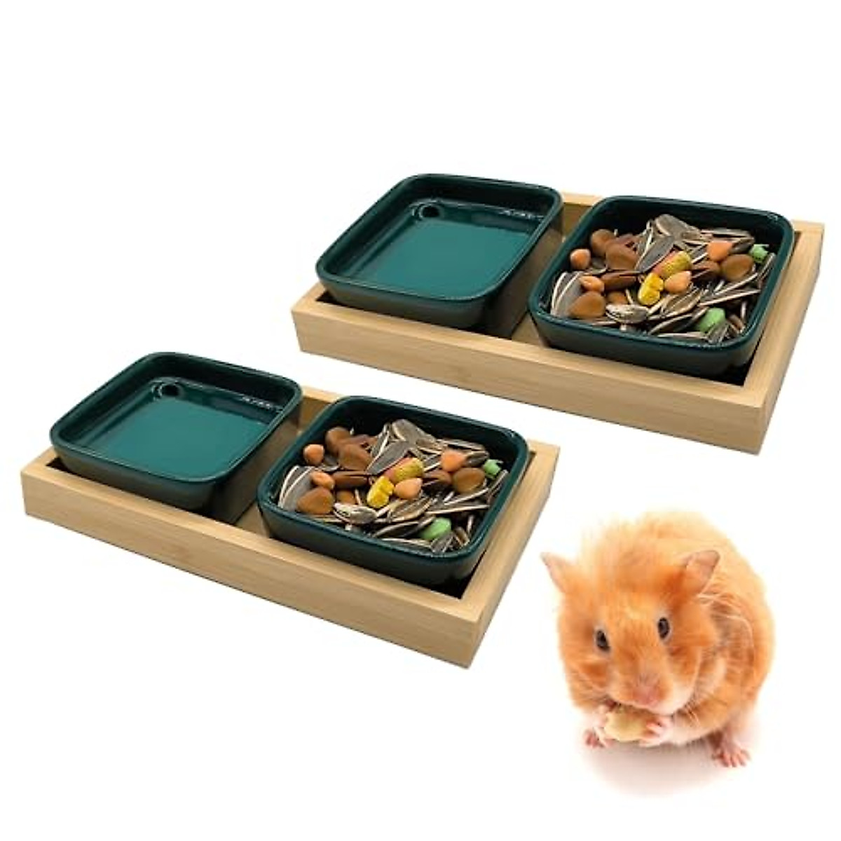 Acsist 4PCS Ceramic Hamster Bowl with Wood Stand Stylish Square Bunny Food Bowl Anti-Tipping Guinea Pig Water Bowl Dish for Rabbits Ferrets Chinchillas Hedgehogs Small Animal (Green)