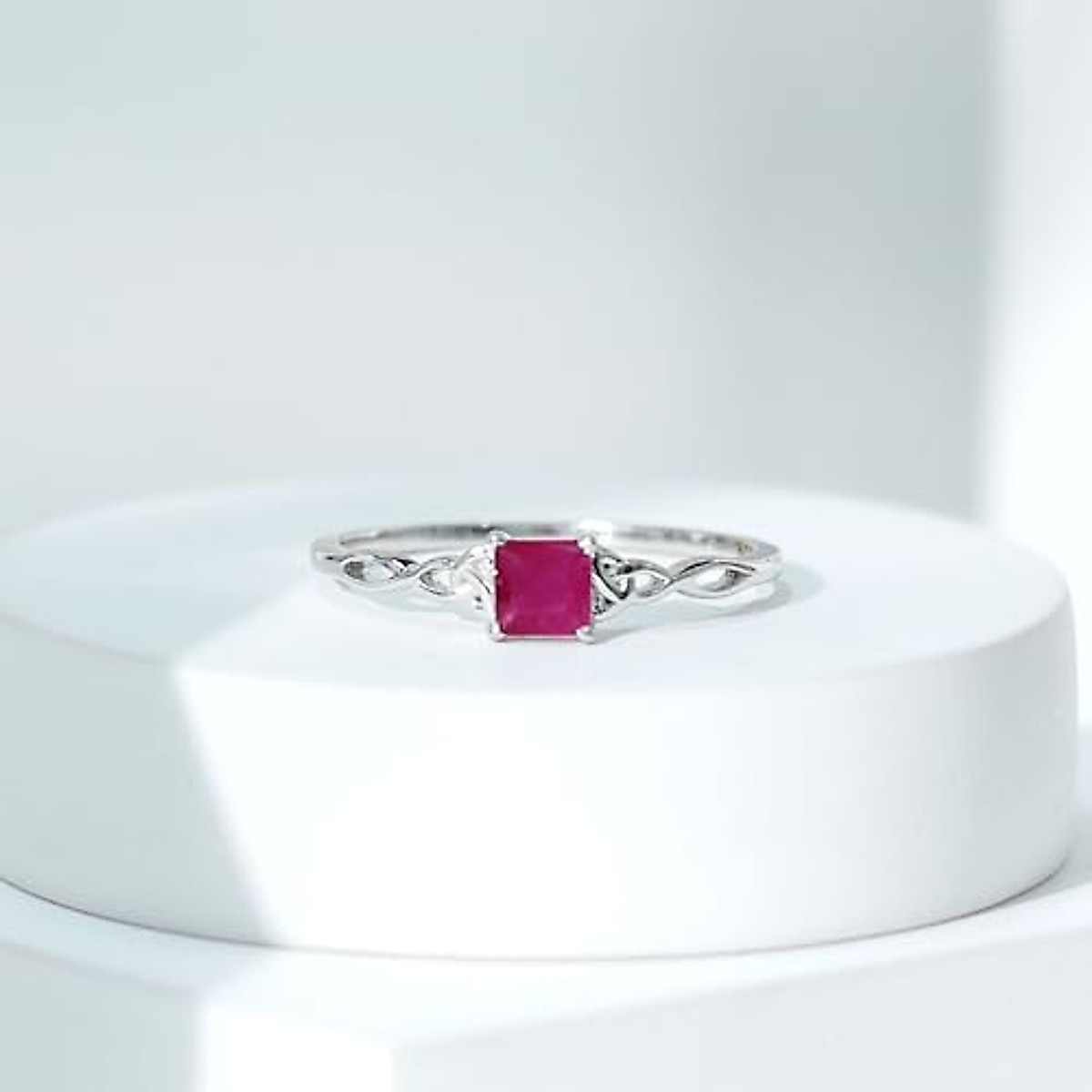 Rosec Jewels Princess Cut Ruby Solitaire Promise Ring for Women - Celtic Knot Ring | Natural and Certified Ruby | AAA Quality, 14K White Gold, Size:US 7.50