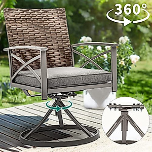 YITAHOME 7-Piece Patio Dining Set, Outdoor Wicker Conversation Furniture with 2 Rocking Chairs, Soft Gray Cushions and Imitation Wood Grain Dining Table for Backyard, Balcony and Garden