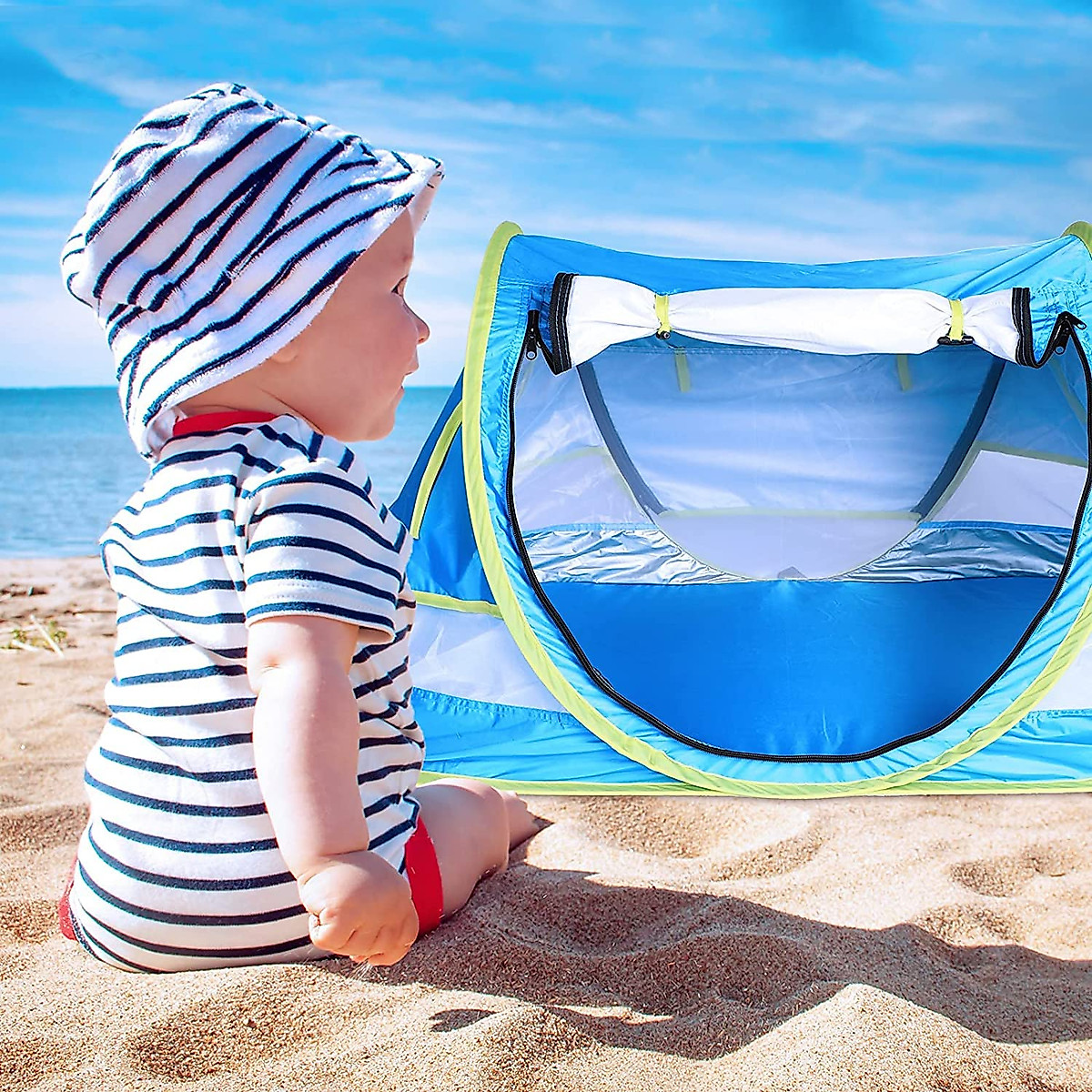 EAHTHNI Portable Baby Travel Bed Durable Beach Tent Sun Shelters with Moisture-Proof Protection for Infant from Sunburn 49 Inch 2 Pegs and Bag, Blue