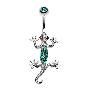 Covet Jewelry Moving Gecko Lizard Sparkle Belly Button Ring (14 GA, Length: 10mm, Green)