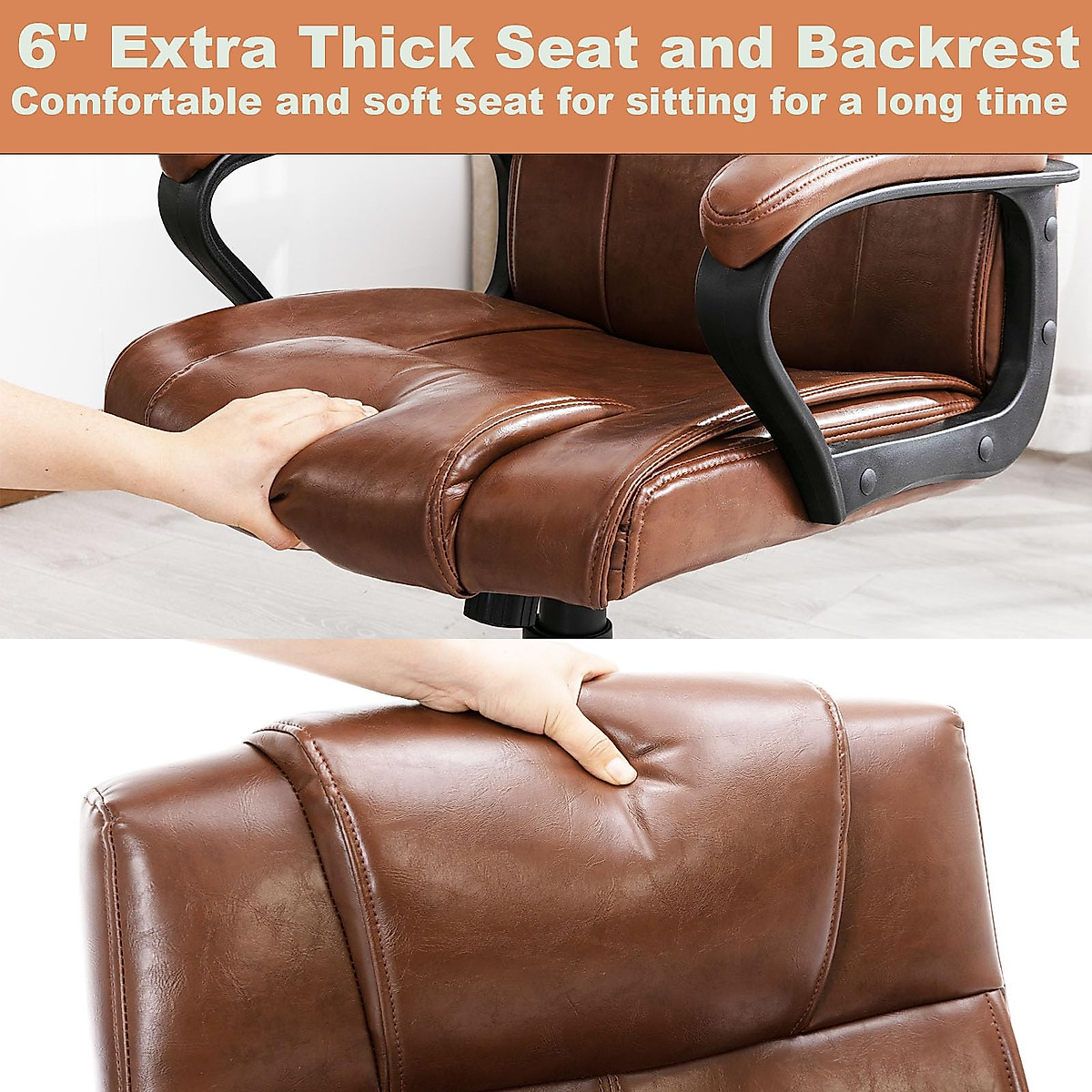 DYHOME Leather Office Chair Brown Desk Chair with Padded Armrests, Adjustable Home Office Chair Mid Back Swivel Task Chair, Ergonomic Mid Century Computer Chair, Capacity 400lbs