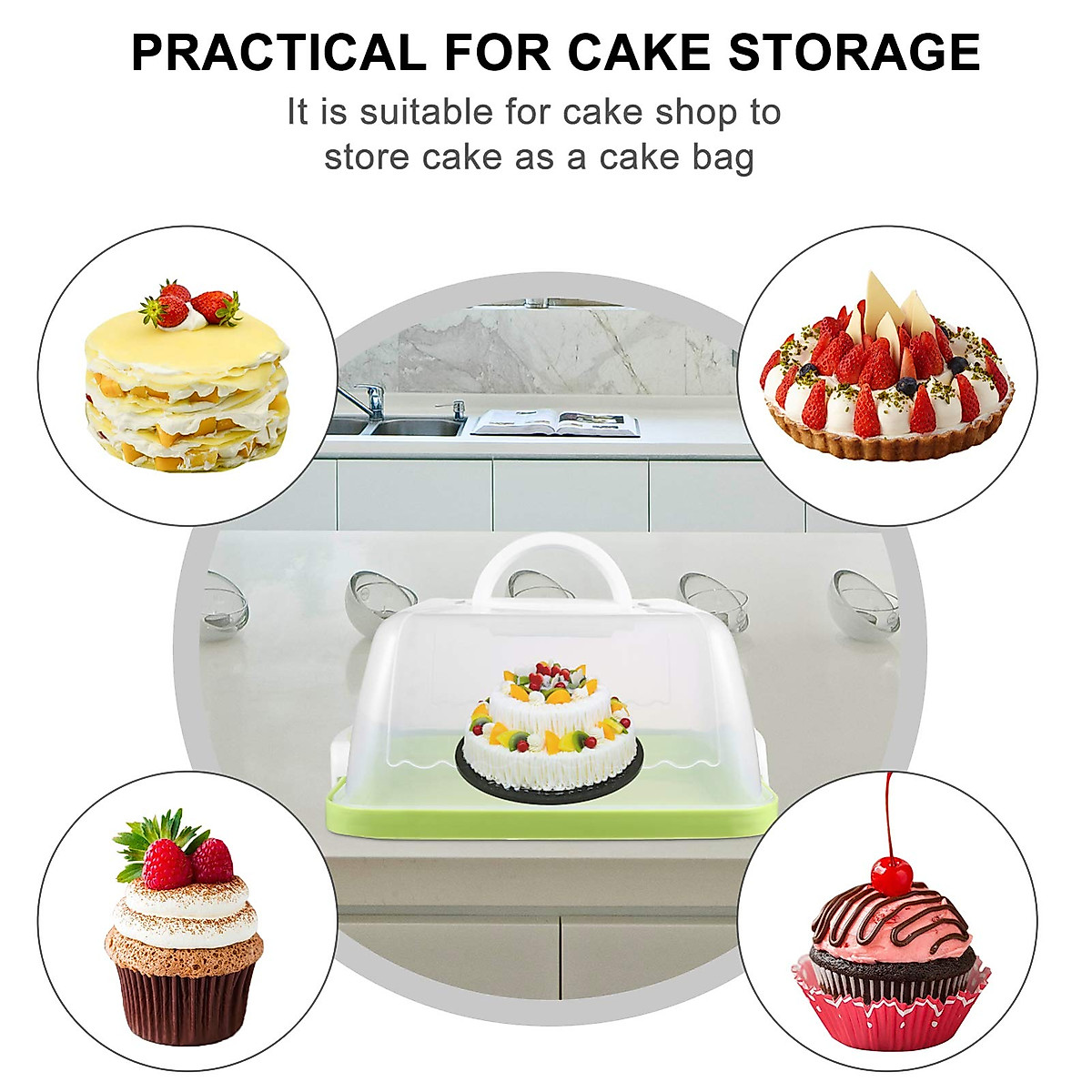 BESTOYARD Cake Carrier 10x5 Inch Cupcake Storage Container Green Square Macaron Box with Handle Portable Pie Saver Travel Platter for Bakers Chefs Caterers