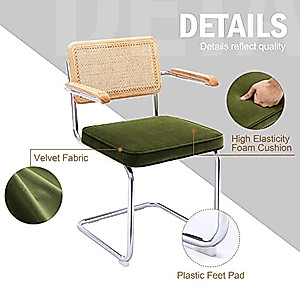Zibeths Olive Green Dining Chairs, Cane Back Side Chairs with Armrest, Cesca Dining Chairs Set of 2, Velvet Upholstered and Chrome Legs for Dining Room, Living Room, Kitchen