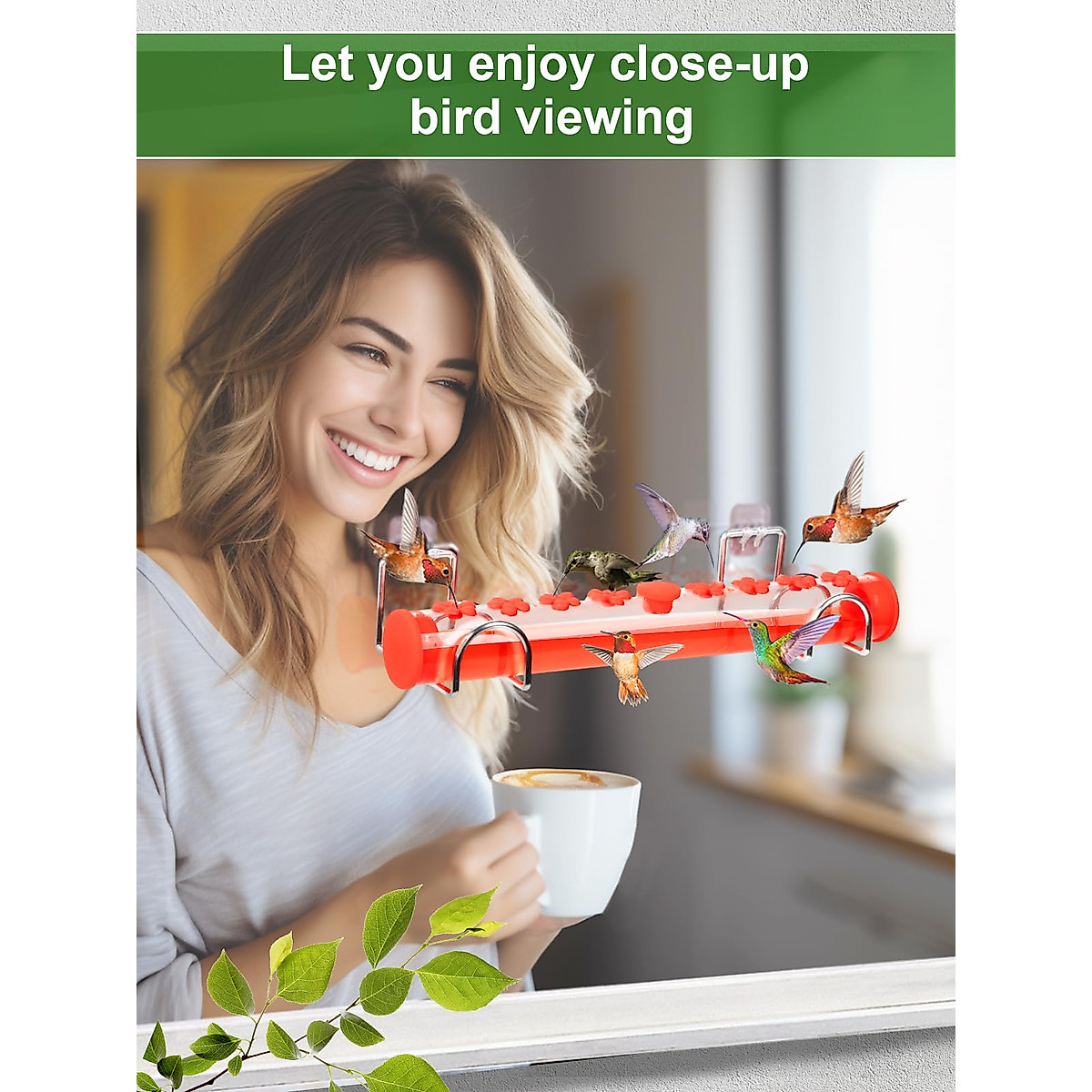 Close-up Viewing Window Hummingbird Feeder with 8 Ports Leak Proof, Top Fill & Easy to Clean Humming Bird Feeders Tube for Outdoors, 2 Pack