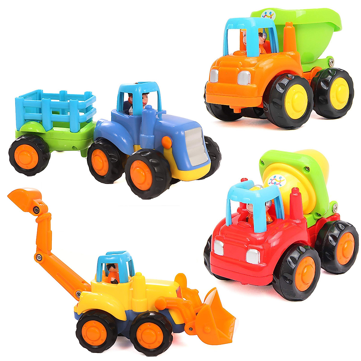 IQ Toys 4 Pack Friction Powered Cars Construction Vehicles for Toddlers, with Car Tractor, Bulldozer, Dumper and Cement Mixer Truck
