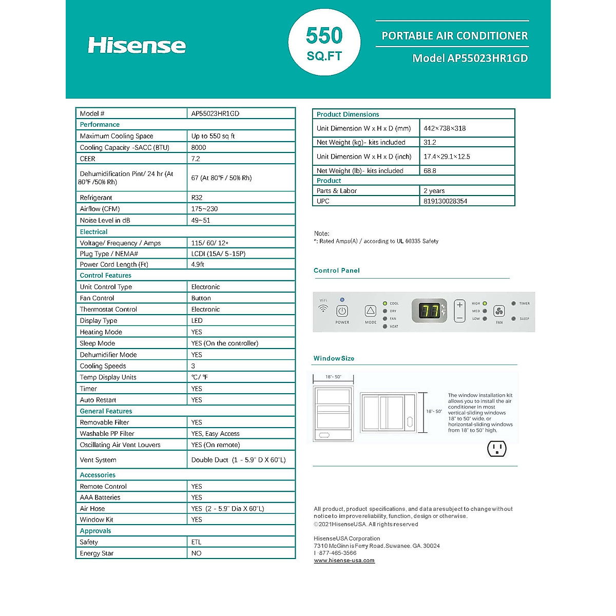 Hisense Smart SACC 8,000 BTU Dual Hose Portable Air Conditioner with Heat Pump, 4-modes (Cool, Heat, Fan, Dehumidifier) WiFi, Remote, Up to 550 sq. ft., AP55023HR1GD White - (Renewed)