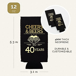 Cheers & Beers to 40 Years Slim Can Coolers, 40th Birthday Party Coolies, Set of 12, Black and Gold Thirtieth Birthday Cup Coolers, Perfect for Birthday Parties, Birthday Decorations