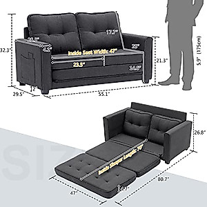 VINGLI Loveseat Sleeper, 80" Convertible Loveseat Sofa Bed Mid-Century Modern Sleeper Sofa Twin Floor Gaming Sofa Couch, Upholstered Fabric Futon Sofa for Living Room, Foldable Lazy Recliner Sofa,Grey