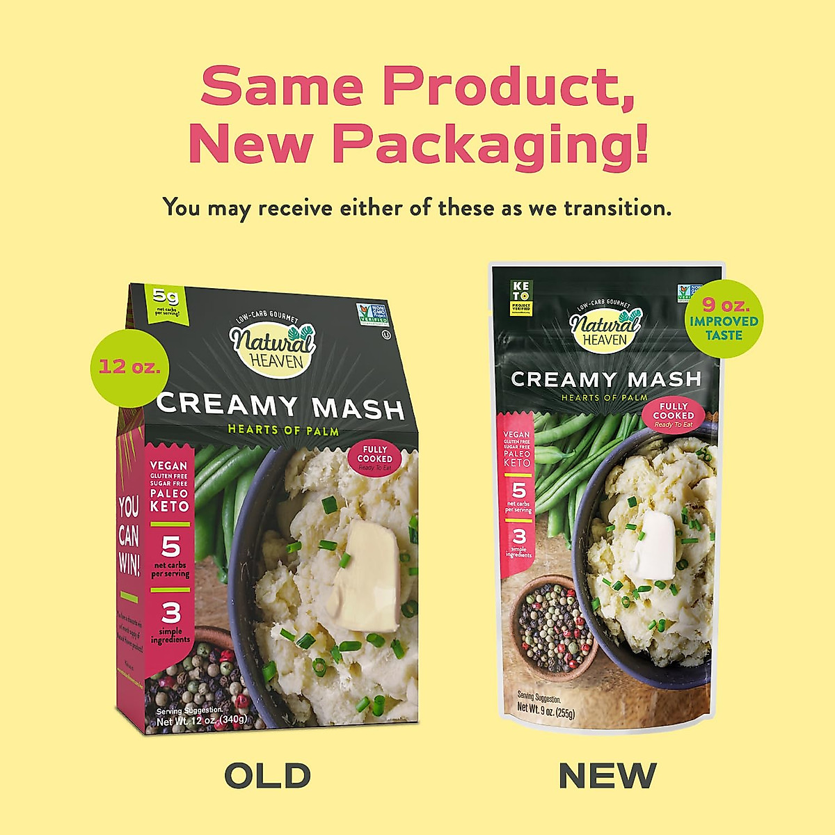 Natural Heaven Hearts of Palm Creamy Mash | Mashed Potato Alternative | Low Carb - 5g of Net Carbs | Gluten & Sugar Free | Keto Food | Paleo | Vegan | Vacuum Packed (12 Ounce – 1 Count)