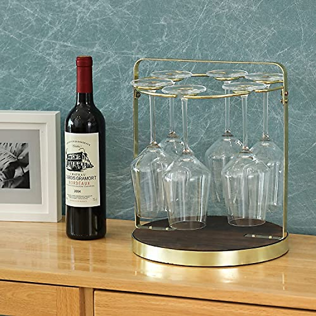 MyGift Modern Brass Metal & Burnt Wood Tabletop Stemware Holder Rack, Wine Glass Serving Caddy