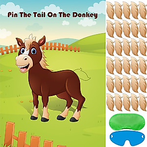 Hxezoc Pin The Tail On The Donkey Party Game with 30 Pcs Tails Large Donkey Games Poster for Kids Birthday Party Carnival Party Supplies