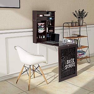Tangkula Wall Mounted Desk, Floating Desk with Chalkboard, Space Saving Fold Up Wall Convertible Desk, Multi-Function Wall Mounted Table with Storage Shelves & Hooks（No Assembly Required）