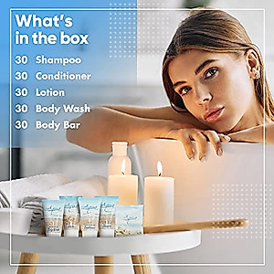 Aqua Organics Hotel Soaps and Toiletries Bulk Set | 1-Shoppe All-In-Kit Amenities for Hotels & Airbnb | 1oz Hotel Shampoo & Conditioner, Body Wash, Body Lotion & 1oz Bar Soap Travel Size | 150 Pieces