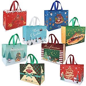 Qirrmiy 8-Pack Large Christmas Gift Bags With Handle, Reusable Non-Woven Holiday Bags, Red, Green and Blue Tote Bags for Xmas Party Favors Holiday Presents and Decorations 12.8” x 9.8" x 6.7”, 8 Pcs