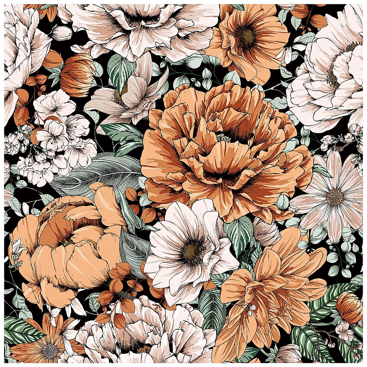 HAOKHOME Vintage Peel and Stick Floral Wallpaper Removable Large Peony Black/Orange/Pink Vinyl Self Adhesive Mural 17.7in x 6.5ft