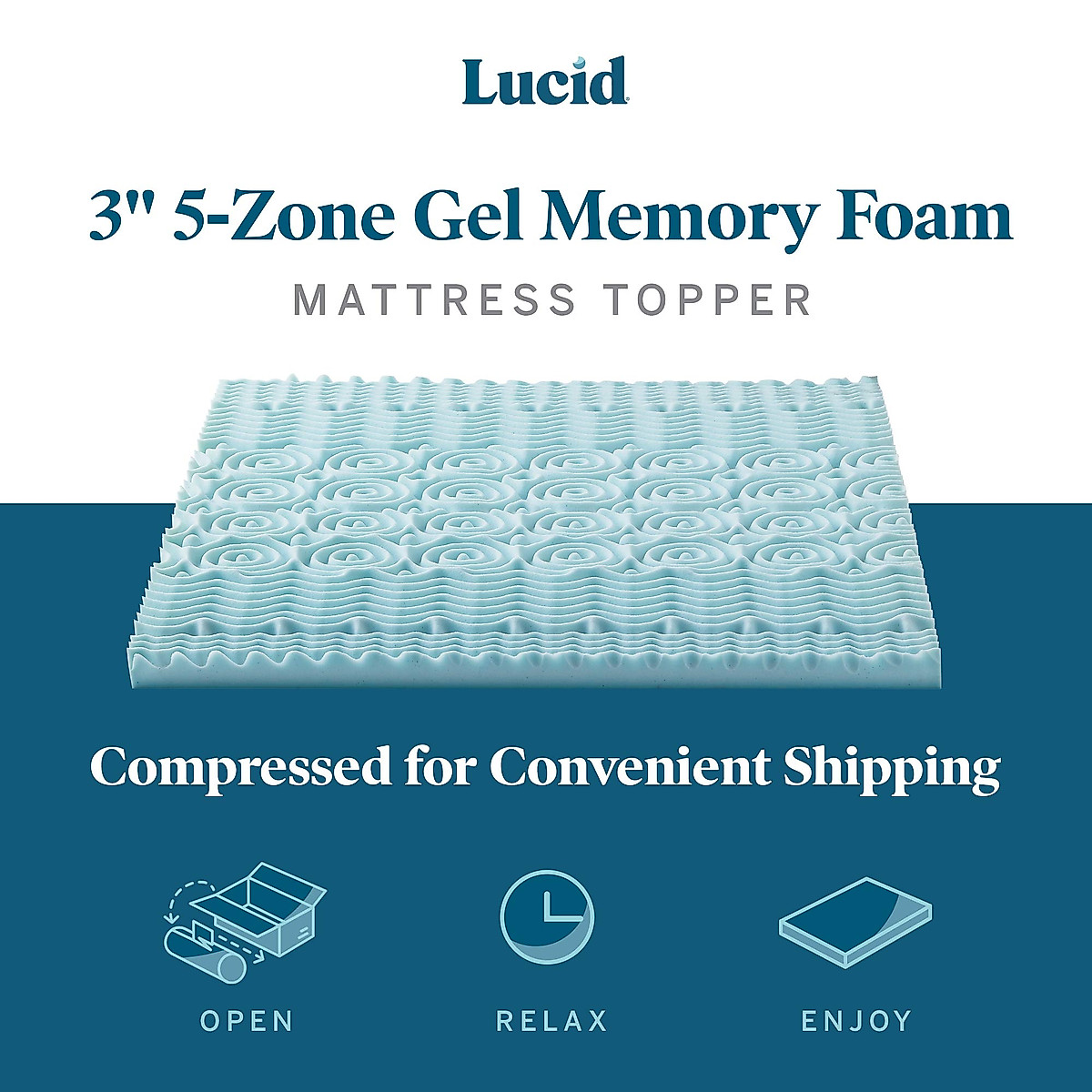 Lucid 3 Inch Mattress Topper Full – Memory Foam Mattress Topper Full – 5 Zone Gel Infusion – CertiPur Certified Foam – Dorm Room Essentials