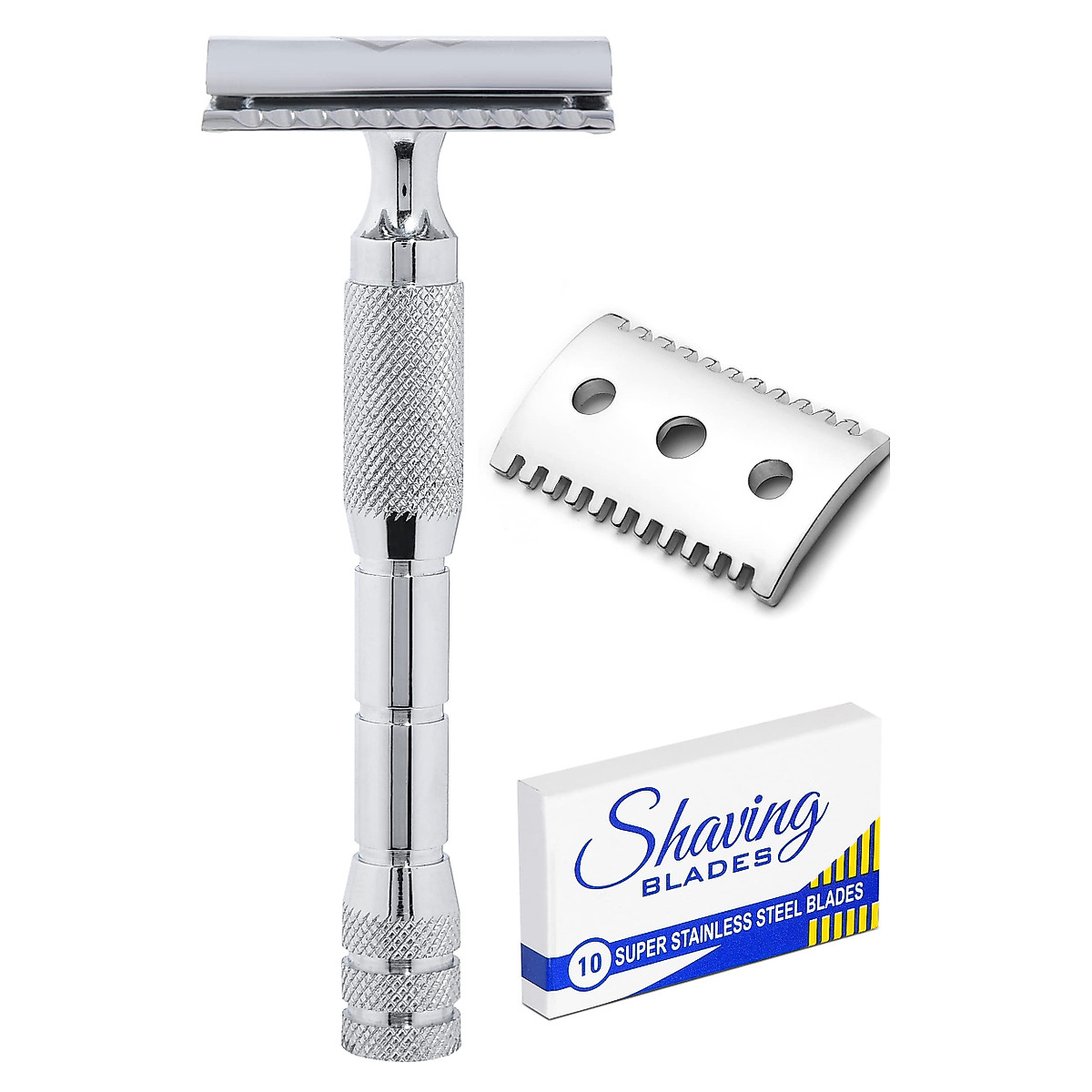 Raka Long Handle Double Edge Safety Razor for Men With Extra Free Open Comb - Twist to Razors, Along 10 stainless Steel Blades better shaving experience, silver, 12 Piece Set