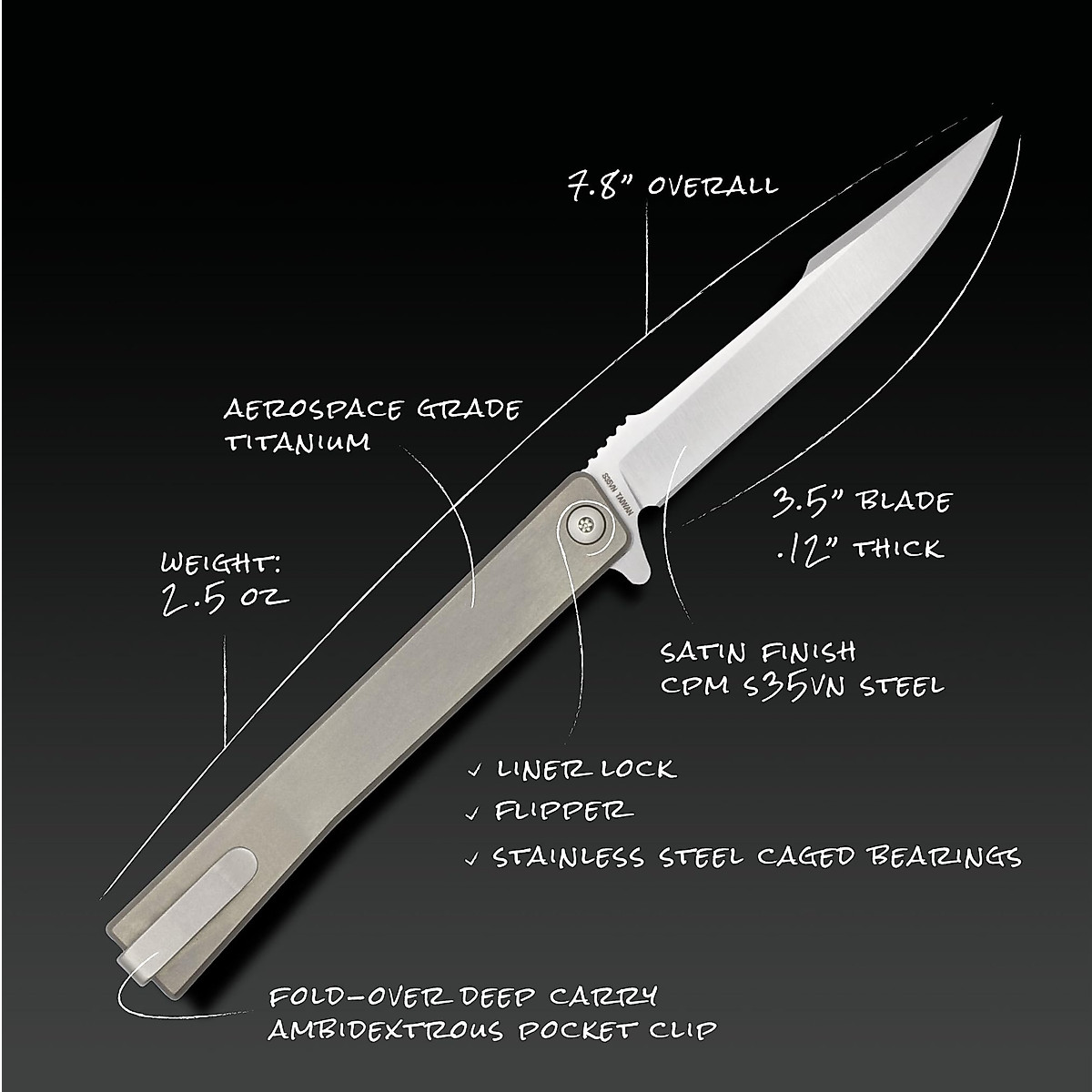 OCASO - Solstice Gentleman's Knife, 3.5" S35VN Steel, Titanium or Carbon Fiber, Ambidextrous Deep Carry Pocket Clip, Harpoon Blade 9HTS