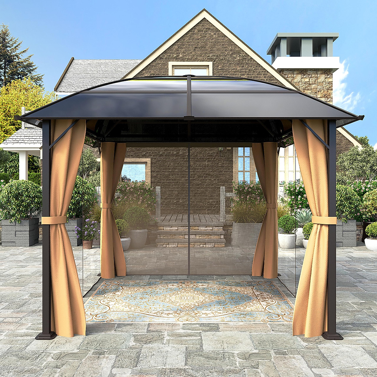 HERA'S HOUSE 10x10 Outdoor Hardtop Gazebo, Patio Canopy Flea Defence with Mosquito Netting&Curtains, Permanent Polycarbonate Tent Pergola for Lawn, Parties, Courtyard, Garden(Brown)