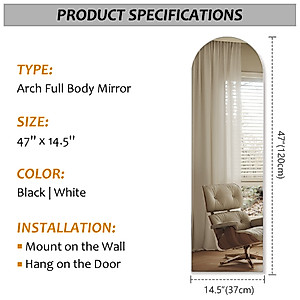 Kasibie Arched Full Length Mirror, 47"x14.5" Wall Mounted Mirror, Over The Door Hanging Mirror, Arched Mirror for Bedroom Living Room (White)