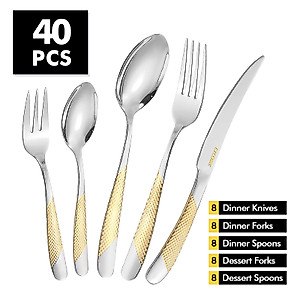 CTCCORC 40-Piece Silverware Set, Luxury Gold Silverware Kitchen Flatware Sets Service for 8, Premium Cutlery Utensil Set with Dinner Knife Spoon Fork Set, Durable Stainless Steel Tableware Sets